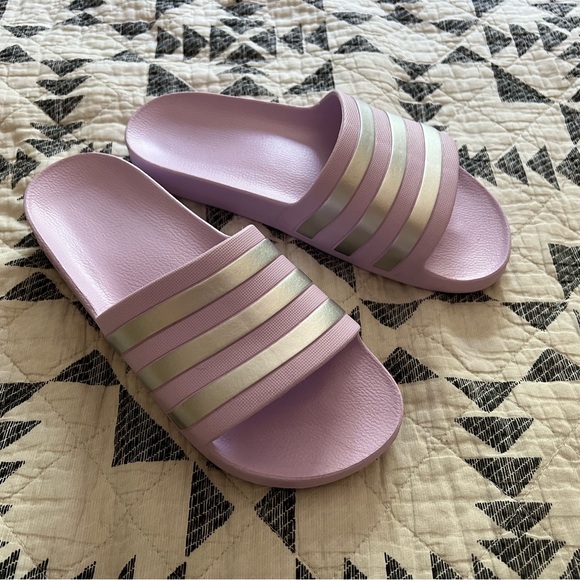 adidas | Shoes | Adidas Lavender And Silver Slide Sandals | Poshmark